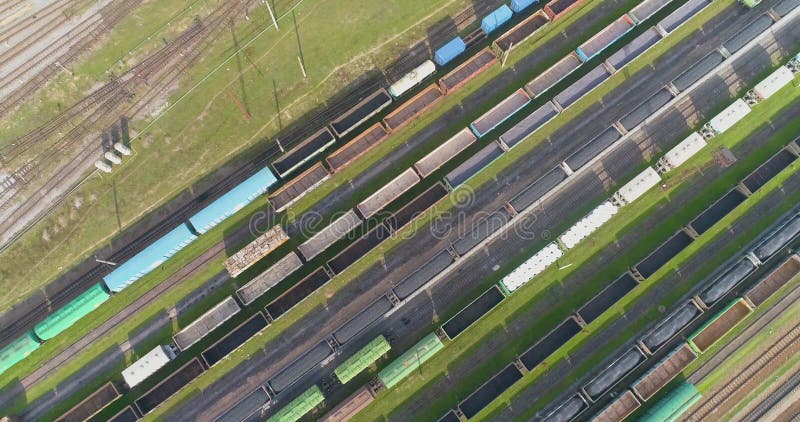Fly Over a Large Railway Junction. Freight Trains Stand at the Railway ...