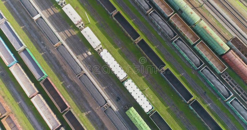 Fly Over a Large Railway Junction. Freight Trains Stand at the Railway ...