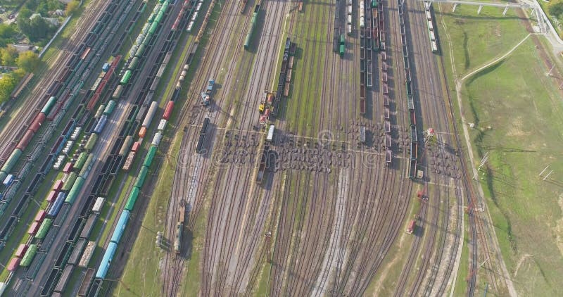 Fly Over a Large Railway Junction. Freight Trains Stand at the Railway ...