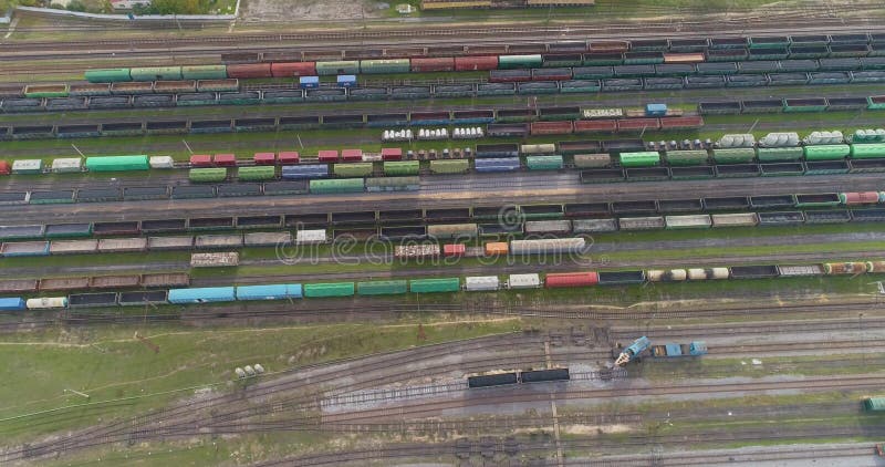 Large Railway Interchange with Freight Trains Top View. Top View of ...