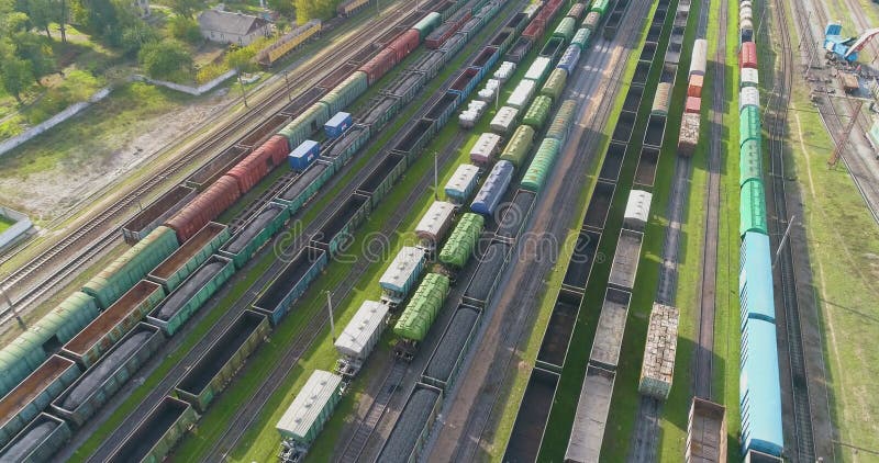 Large Railway Interchange with Freight Trains Top View. Top View of ...