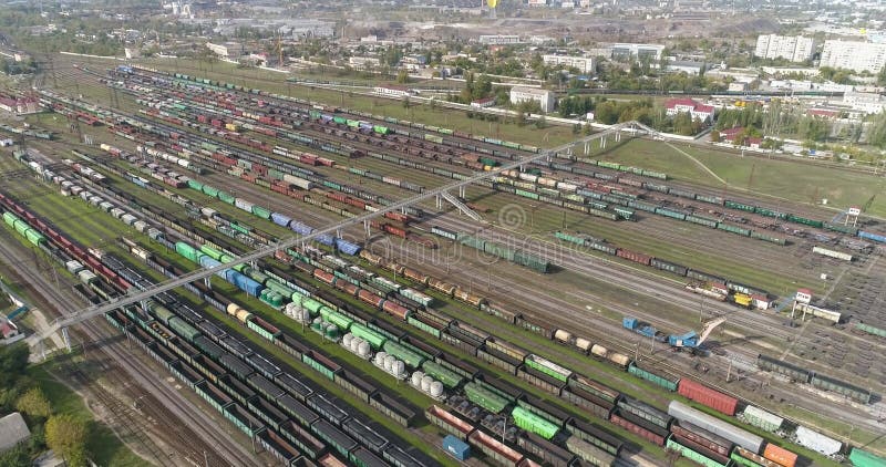 Large Railway Interchange with Freight Trains Top View. Top View of ...