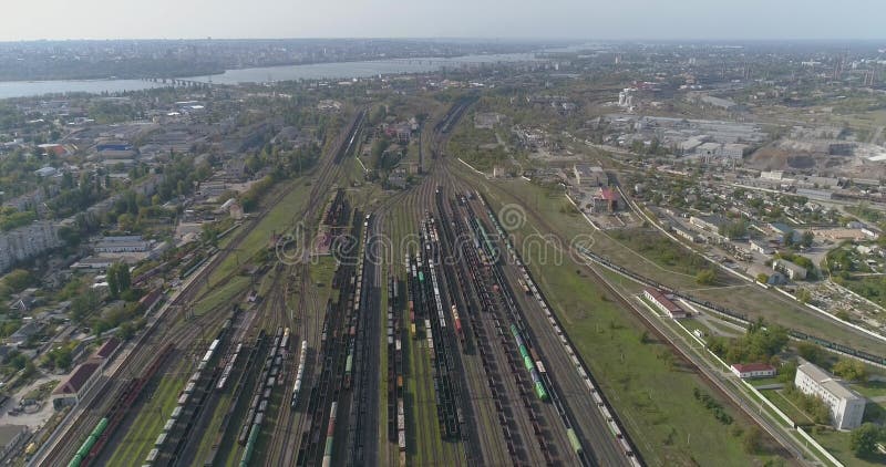Fly Over a Large Railway Junction. Freight Trains Stand at the Railway ...