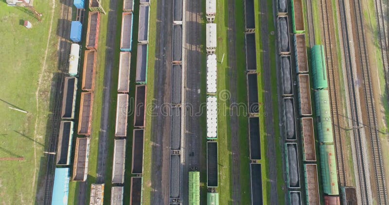 Fly Over a Large Railway Junction. Freight Trains Stand at the Railway ...