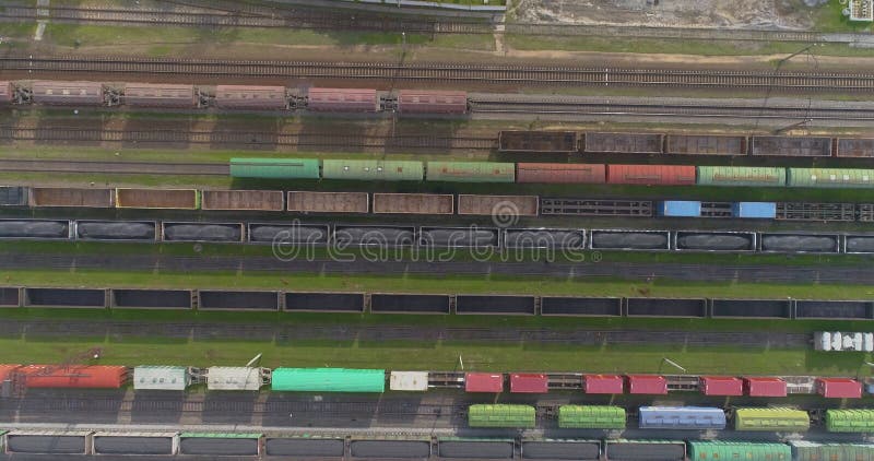 Freight Trains Stand at the Railway Junction Top View. Fly Over a Large ...