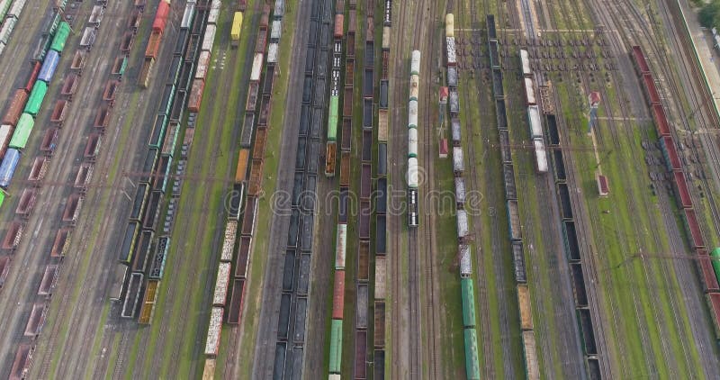 Freight Trains Stand at the Railway Junction Top View. Fly Over a Large ...