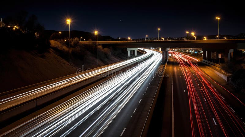 Fly-over with Motion Blurred Headlights, Generative Ai Stock ...