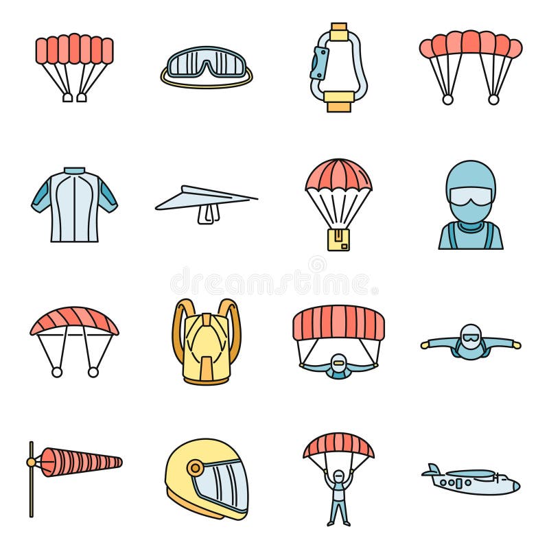 Fly Parachuting Icons Set Vector Color Line Stock Illustration ...