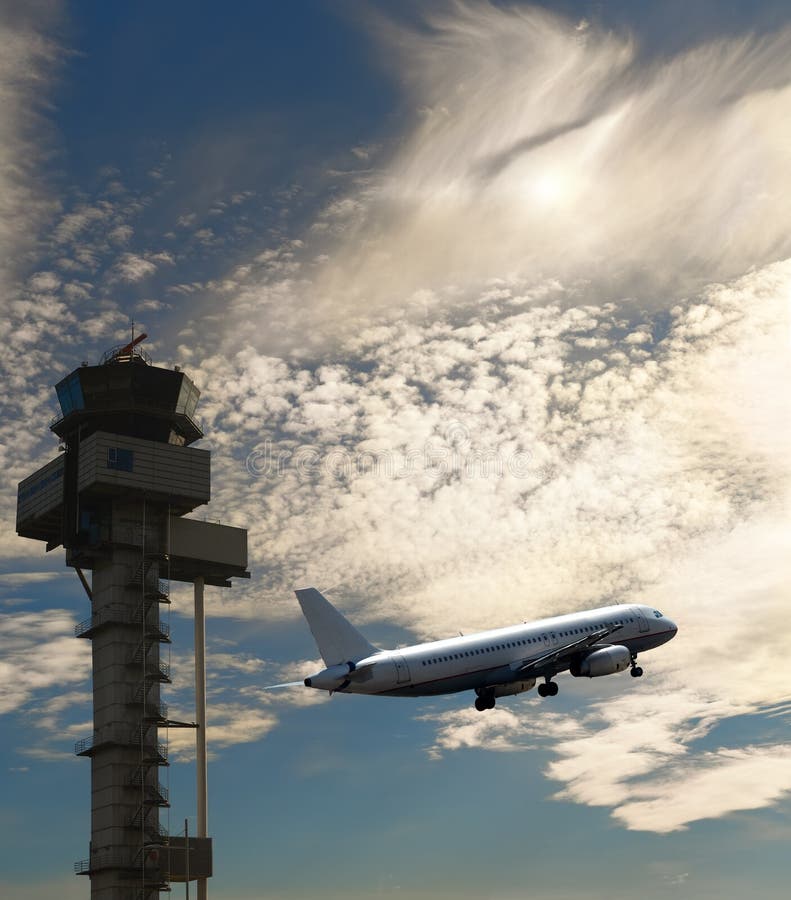 Fly - Plane Taking Off, Flight Control Tower and Cloudy Sky Stock Image ...