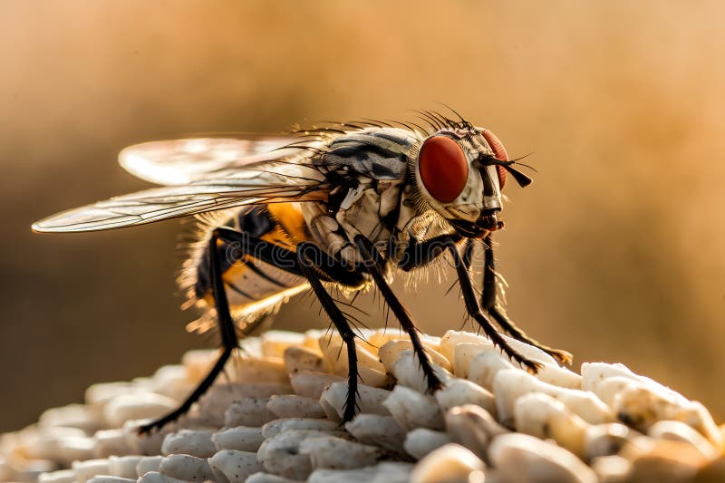 Fly with Red Eyes Perched on Textured Surface, Wings Glimmering Under ...