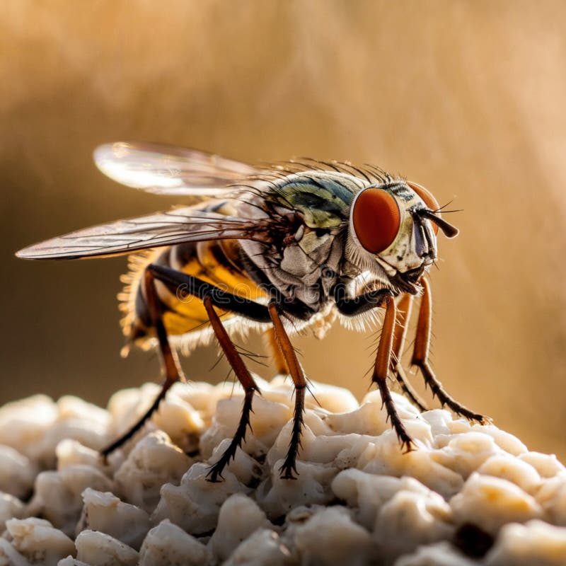 Fly with Red Eyes Perched on Textured Surface, Wings Glimmering Under ...
