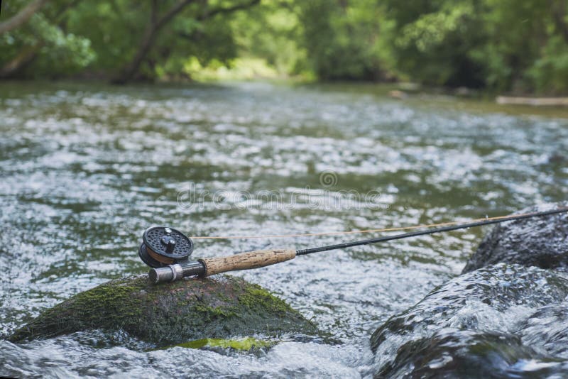 The Fly Rod Lies on the Rocks Against the Backdrop of a Mountain Stream ...