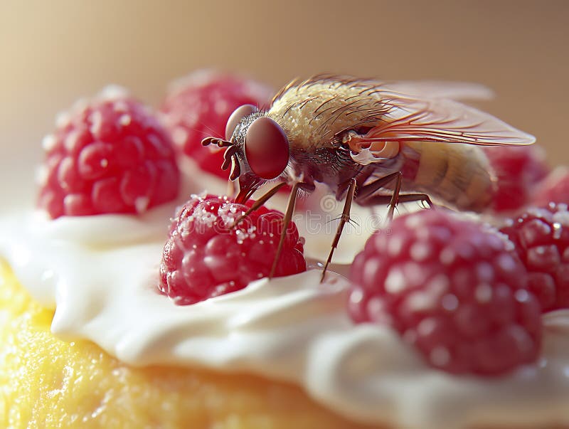 A Fly Sits on a Cake with Raspberries and Whipped Cream Stock ...