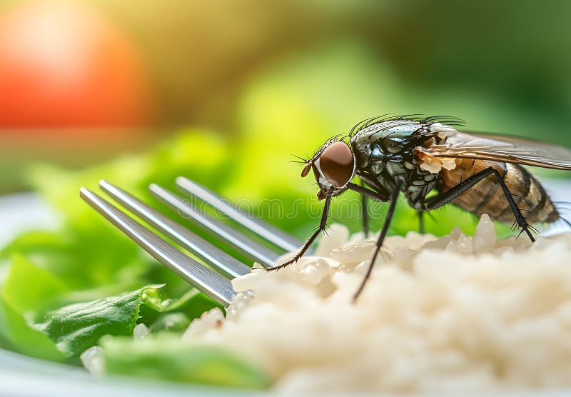 A Fly Sits on a Fork Eating Rice from a Plate with Salad Stock ...