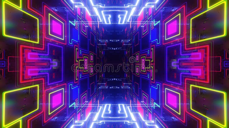 Fly through Symmetrical Technology Cyberspace with Neon Glow. Sci-fi ...
