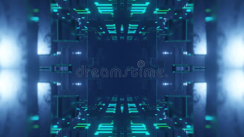 Fly through Symmetrical Technology Cyberspace with Neon Glow. Sci-fi ...