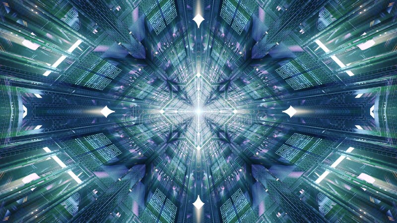 Fly through Symmetrical Technology Cyberspace with Neon Glow. Stock ...