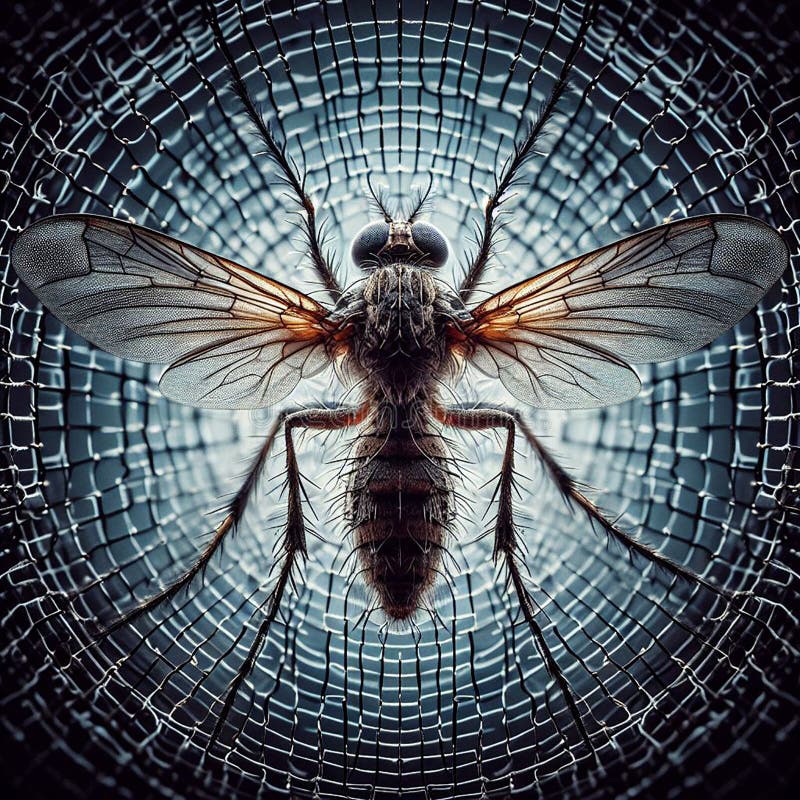 Fly on Wire Mesh, Close Up, Back Lit with a Light Blue Light. Stock ...