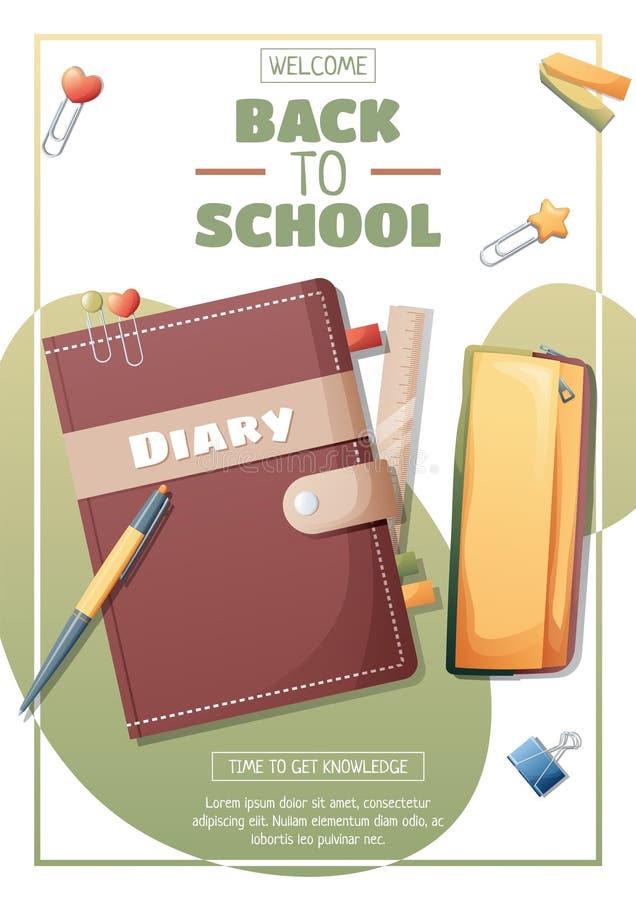 Flyer Template with Diary with a Pencil Case.. School Time, Back To ...