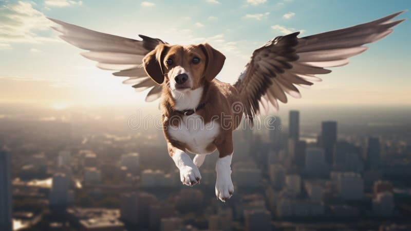 Flying Above the City Dog with Wings Stock Illustration - Illustration ...