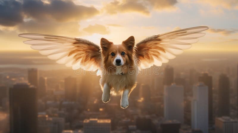 Flying Above the City Dog with Wings Stock Illustration - Illustration ...