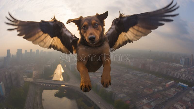 Flying Above the City Dog with Wings Stock Illustration - Illustration ...