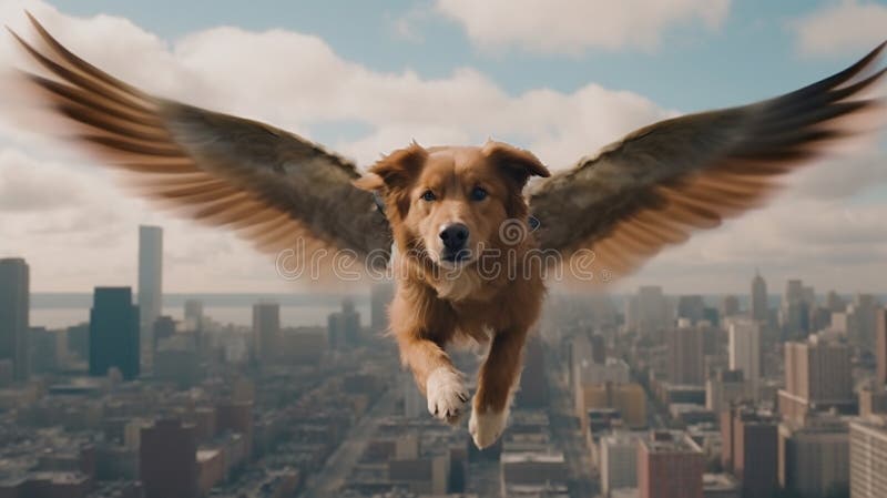 Flying Above the City Dog with Wings Stock Illustration - Illustration ...