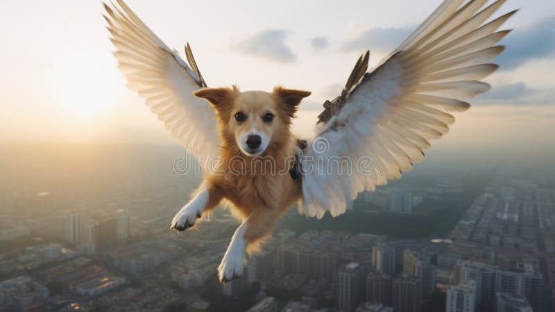 Flying Above the City Dog with Wings Stock Illustration - Illustration ...