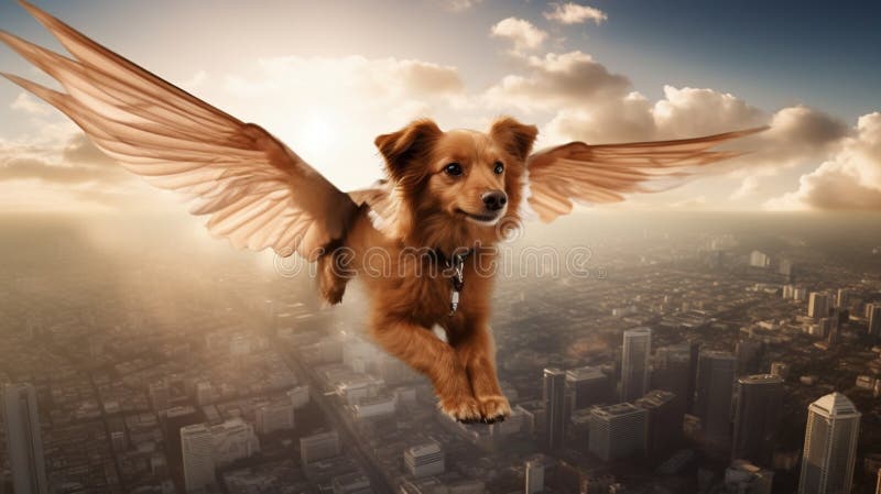 Flying Above the City Dog with Wings Stock Illustration - Illustration ...