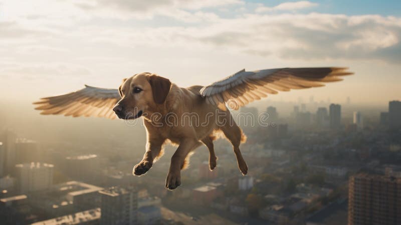 Flying Above the City Dog with Wings Stock Illustration - Illustration ...