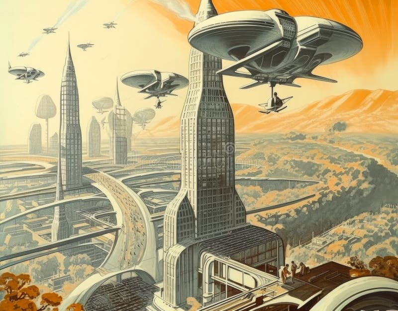 Flying Above a "city of the Future" . Sf Poster 1960s. Old Style Stock ...