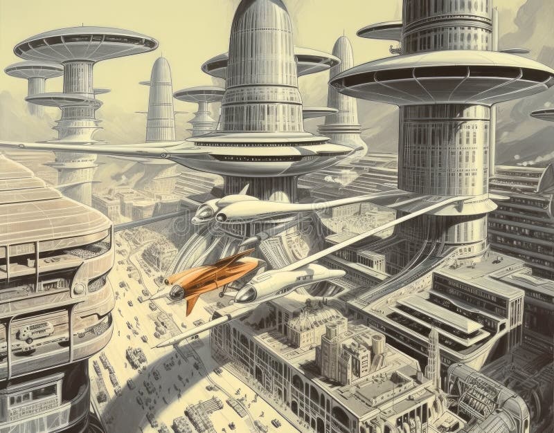Flying Above a "city of the Future" . Sf Poster 1960s. Old Style Stock ...