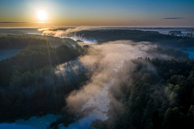 Flying Above Stunning Mist Over River in Sunrise in Autumn Stock Image ...