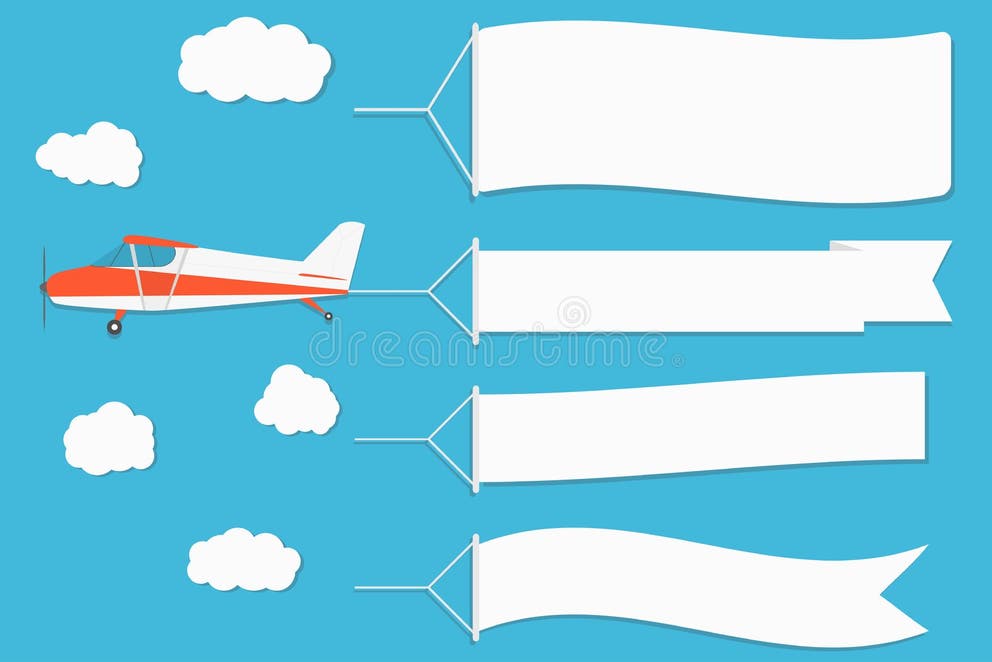 Flying Advertising Banner. Plane with Horizontal Banners on Blue Sky ...