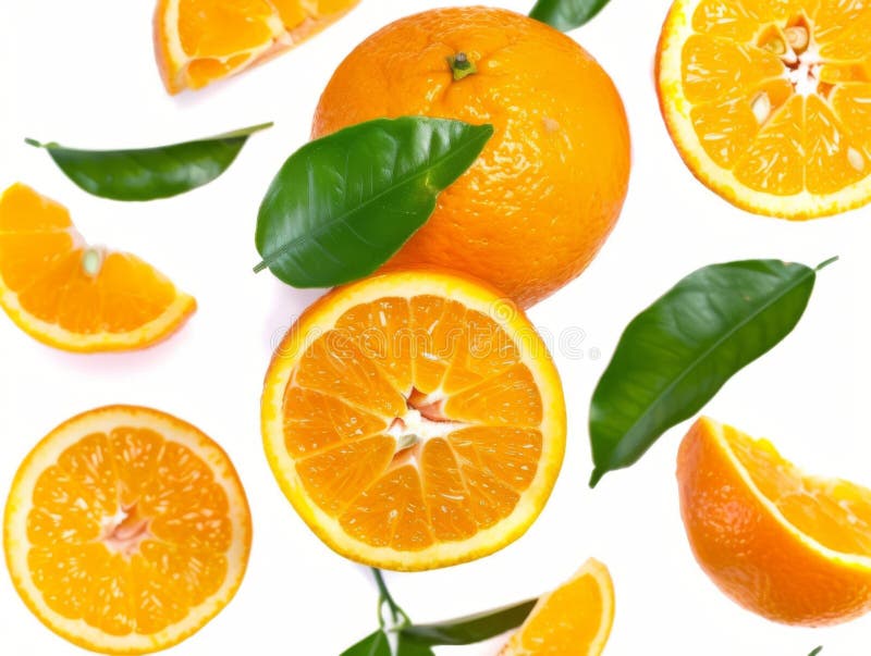 Flying in Air Oranges Fruit with Leaves Stock Photo - Image of ...