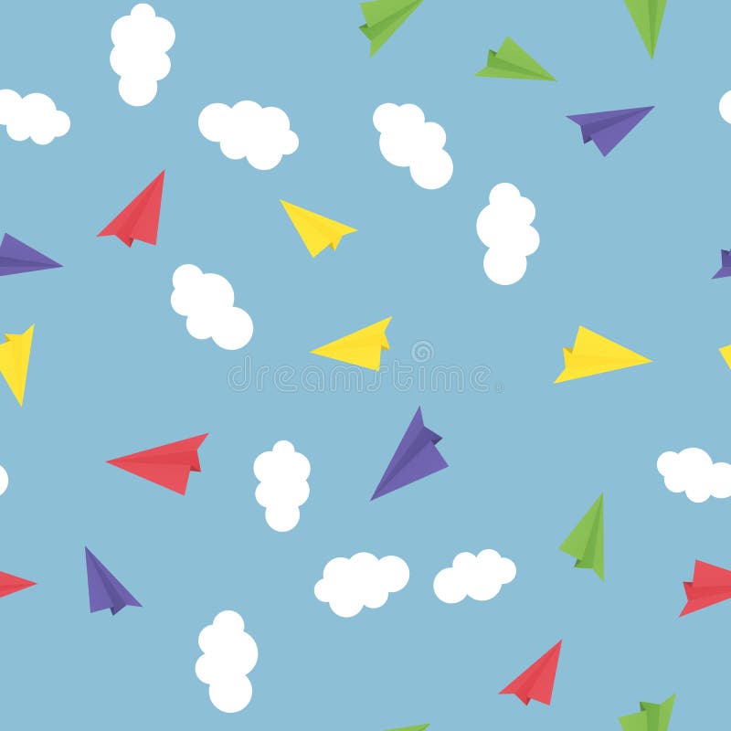 Flying Airplane and Clouds Seamless Pattern Background. Vector ...