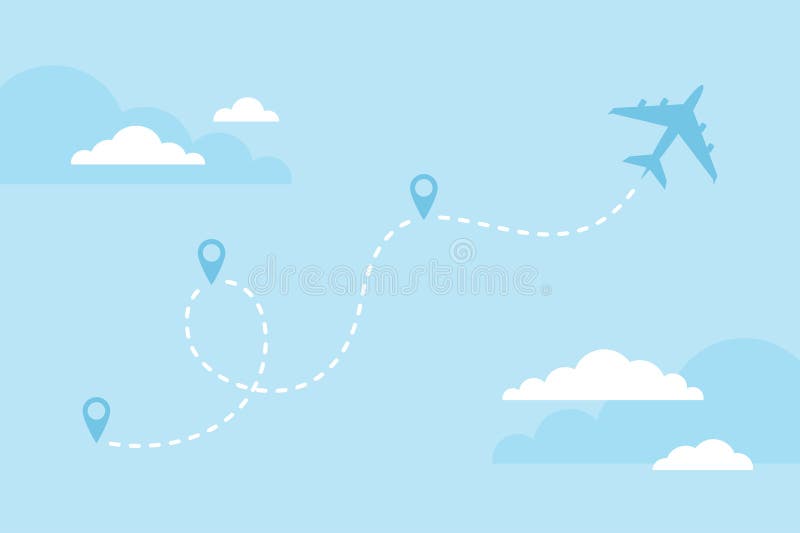Flying Airplane and Dashed Line Flight Route with Map Pin Icons on a ...