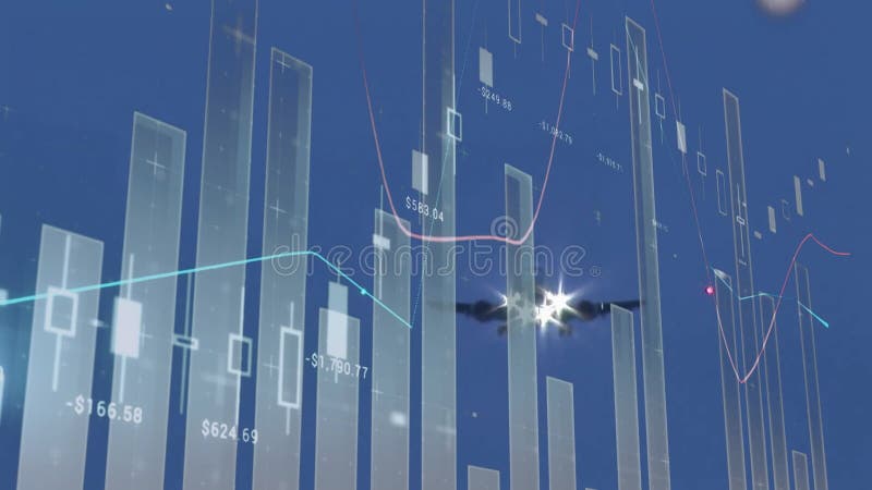 Flying Airplane Silhouette Over Animated Financial Graphs and Data ...