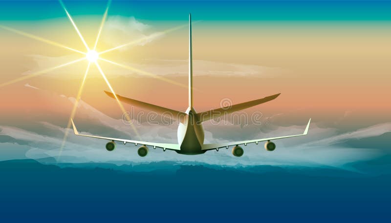 Flying Airplane in the Sky. Vector Illustration of Jet Flying in Sunny ...