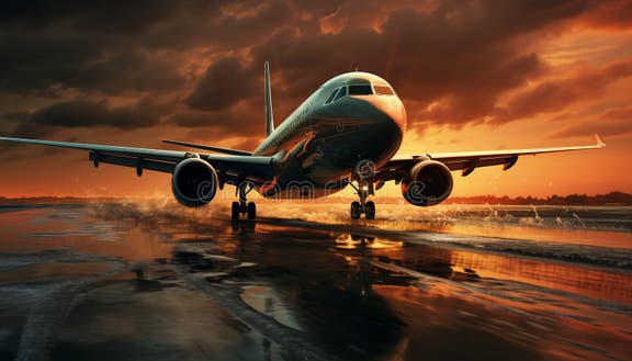 Flying Airplane Taking Off at Sunset, Propeller Reflecting Sunlight in ...