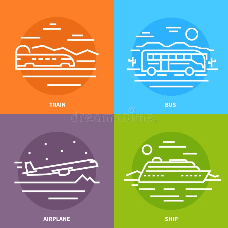 Flying Airplane. Train. Bus. Ship. Stock Vector - Illustration of ...