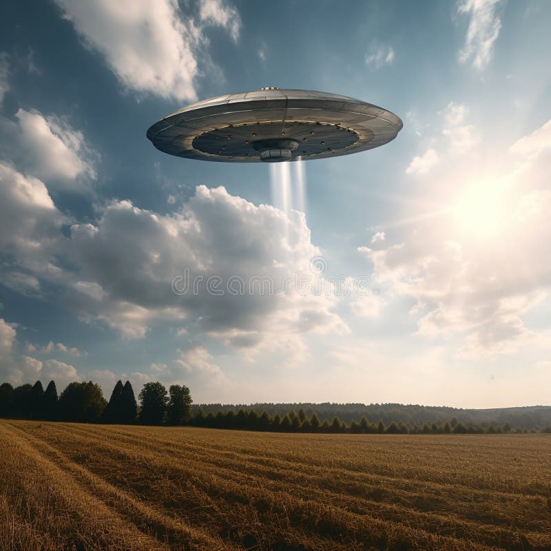 A Flying Alien Ship Above the Field, a Flying Saucer, with Rays of ...