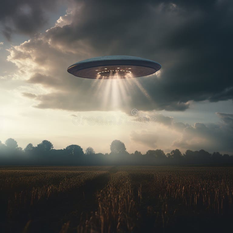 A Flying Alien Ship Above the Field, a Flying Saucer, with Rays of ...