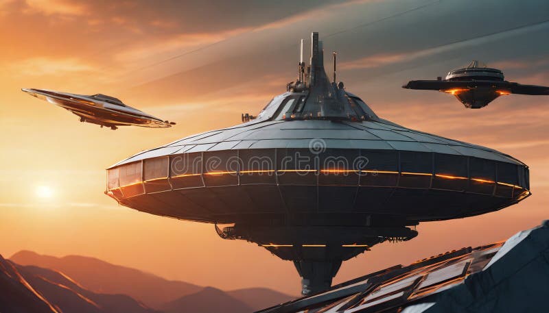 Flying alien ship stock illustration. Illustration of lighting - 327951310