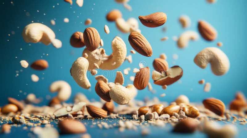Flying Almonds and Cashews on Blue Background Stock Illustration ...