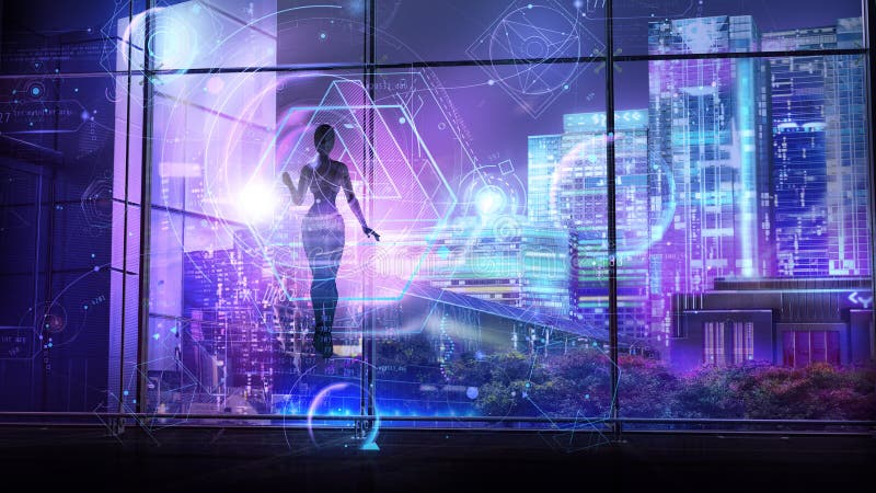 The Flying Android Works with the Interface of the Future, 3D Render ...