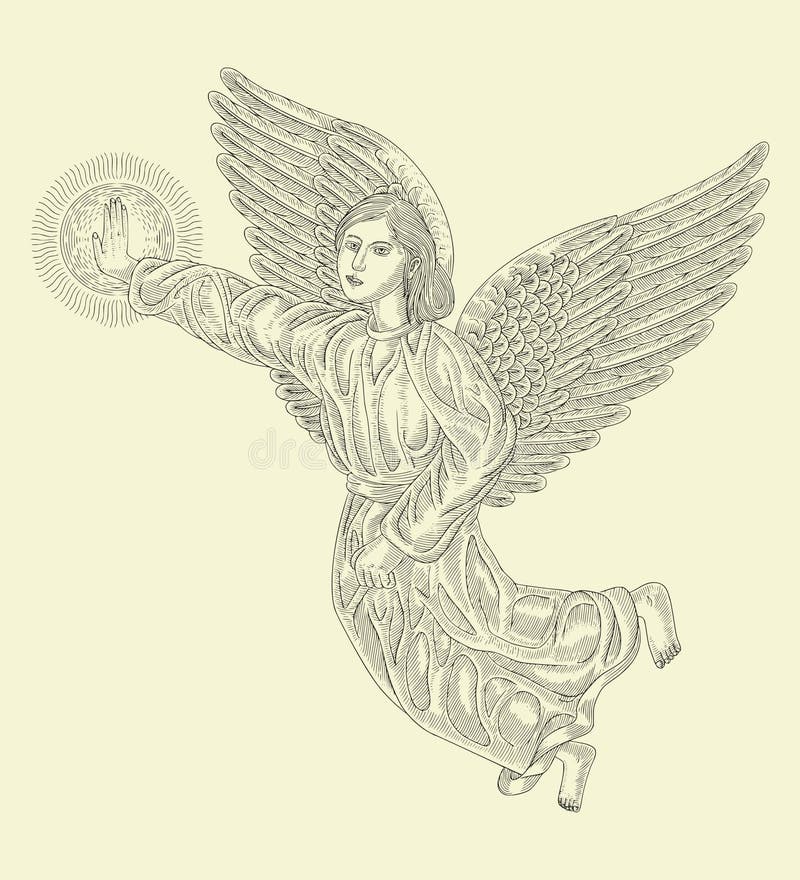 Flying Angel with Magic, Vintage Engraving Drawing Illustration Stock ...