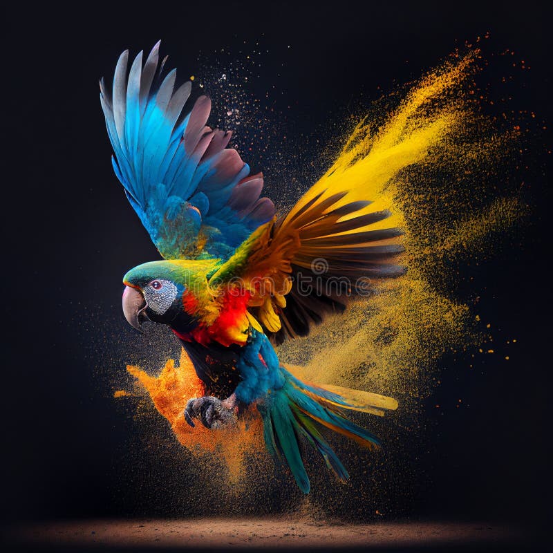 A Flying Ara Parrot Over Colourful Powder Explosion in Black Background ...