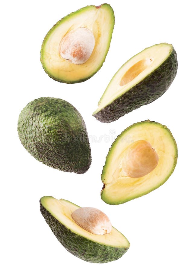 Flying in Air Avocado Whole and Cut in Half with Leaf Isolated on White ...