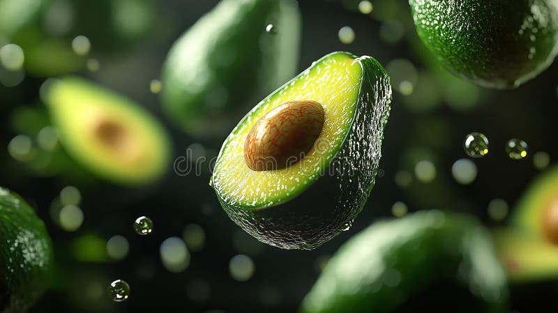 Flying Avocado with Water Drops on Dark Background Stock Photo - Image ...